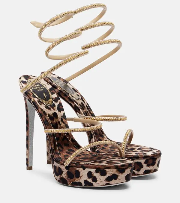 Rene Caovilla Embellished Leopard Print Platform Stiletto Sandals - Gold