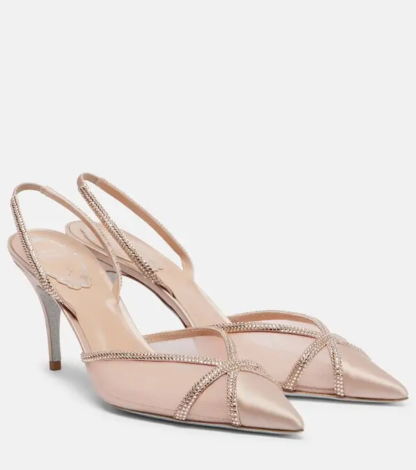 Rene Caovilla Embellished Satin And Mesh Slingback Pumps - Pink