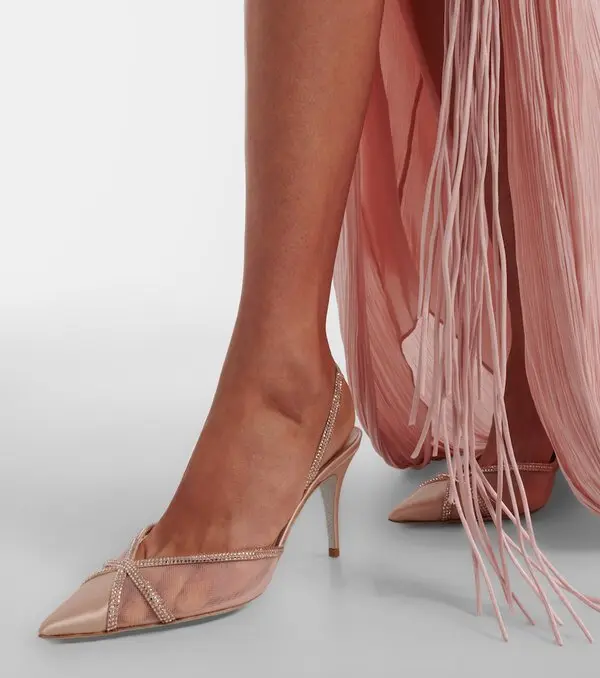 Rene Caovilla Embellished Satin And Mesh Slingback Pumps