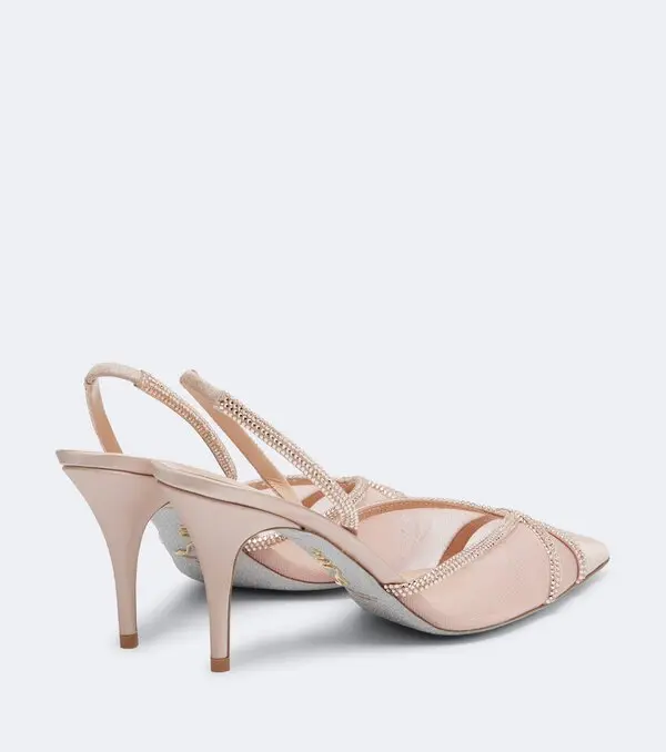 Rene Caovilla Embellished Satin And Mesh Slingback Pumps - Pink