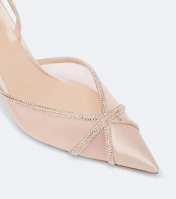 Rene Caovilla Embellished Satin And Mesh Slingback Pumps - Pink
