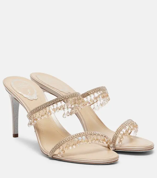 Rene Caovilla Embellished Satin Mules - Gold