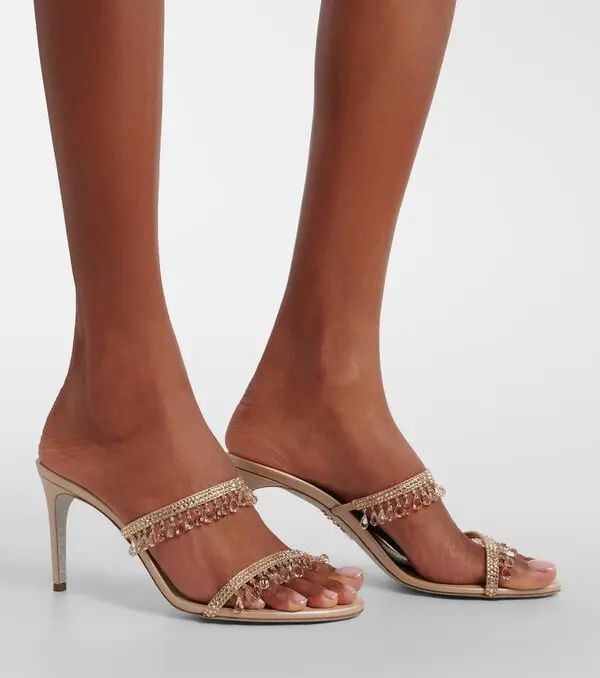 Rene Caovilla Embellished Satin Mules - Gold
