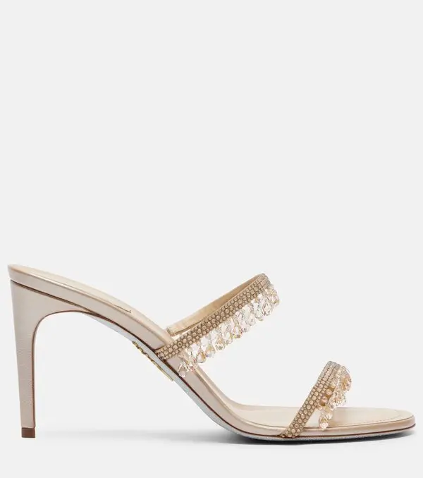 Rene Caovilla Embellished Satin Mules - Gold