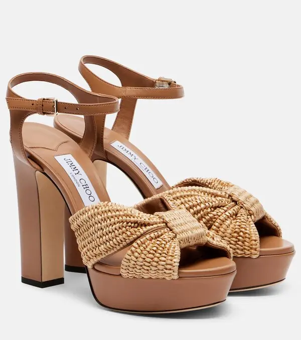 JIMMY CHOO Heloise Raffia And Leather Platform Sandals - Beige