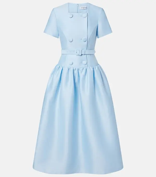 SELF-PORTRAIT Belted Taffeta Midi Dress - Blue