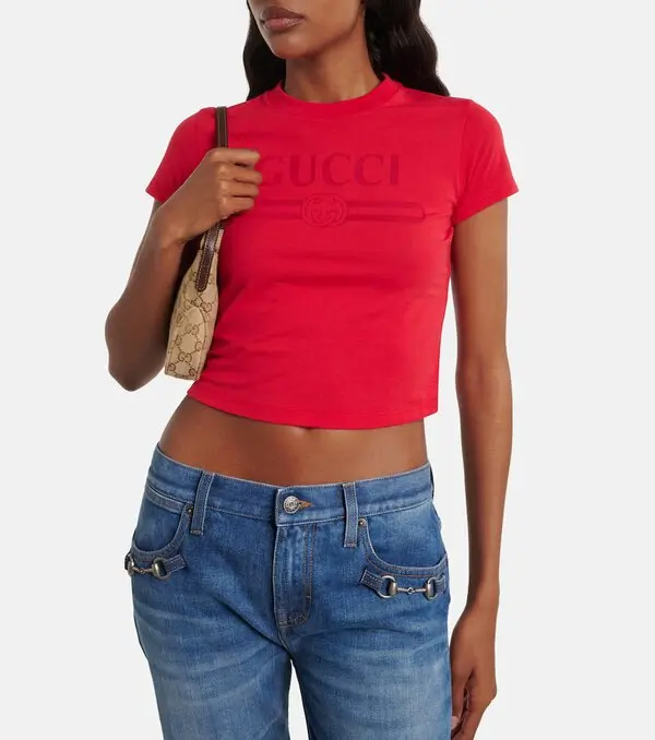 Gucci Logo Cropped Cotton-blend Jersey T-shirt - Red