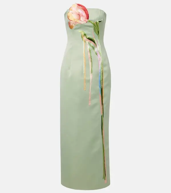 LEO LIN Marilyn Floral-appliqué Bustier Dress - Green