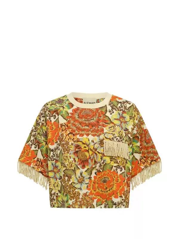 ALEMAIS Floral Print Fringe Trim T-shirt - Orange