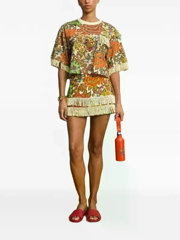 ALEMAIS Floral Print Fringe Trim T-shirt