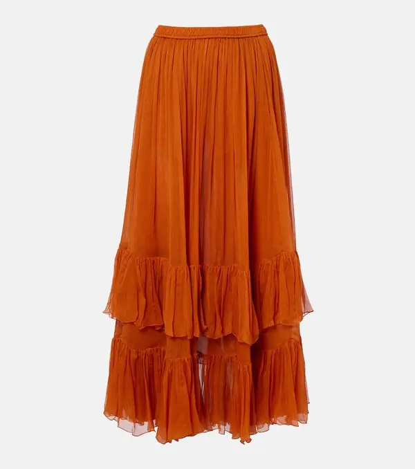 Saint Laurent Ruffled Sheer Silk Maxi Skirt - Orange