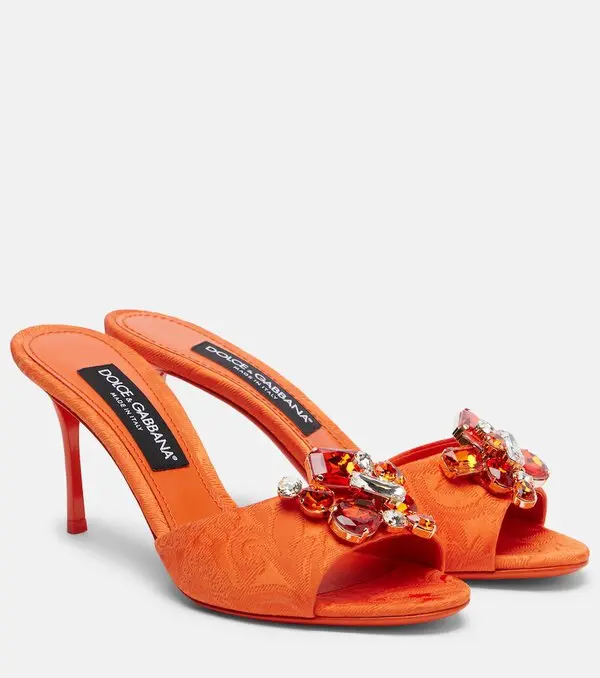 Dolce & Gabbana Embellished Brocade Mules - Orange