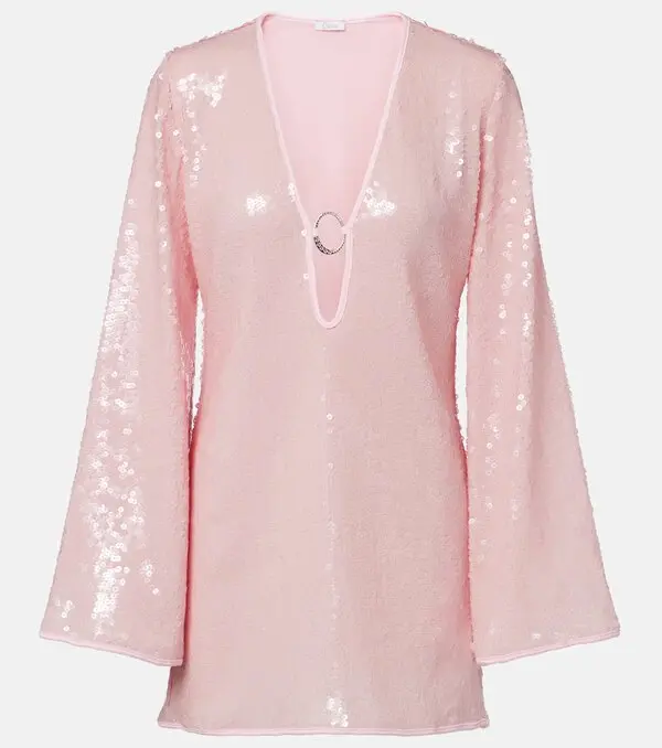 Oseree Sequined Minidress With Plunge Neck - Pink