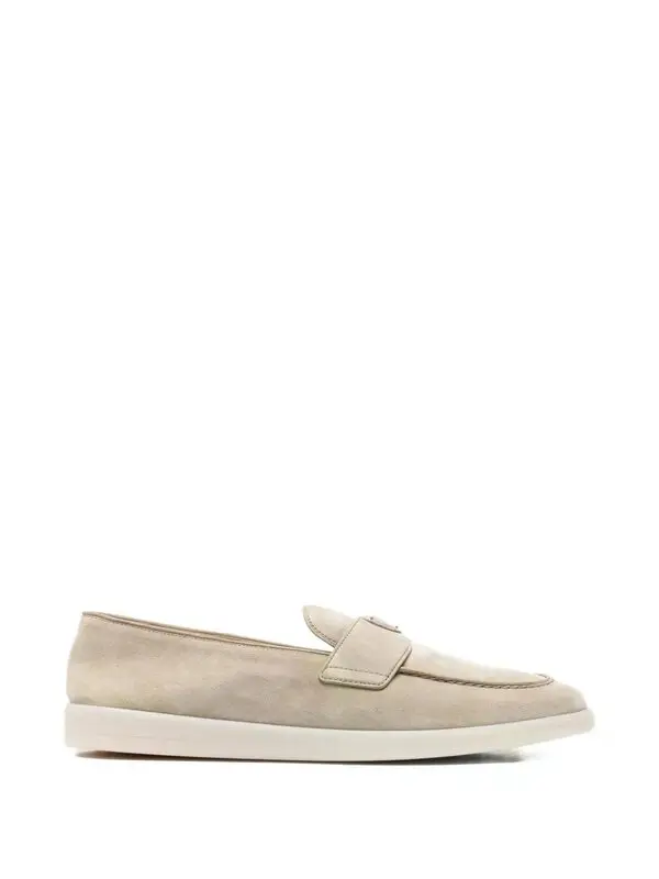 Prada Beige Leather Loafers With Triangle Logo Plaque - Neutrals