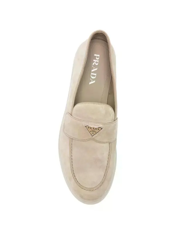 Prada Beige Leather Loafers With Triangle Logo Plaque - Neutrals