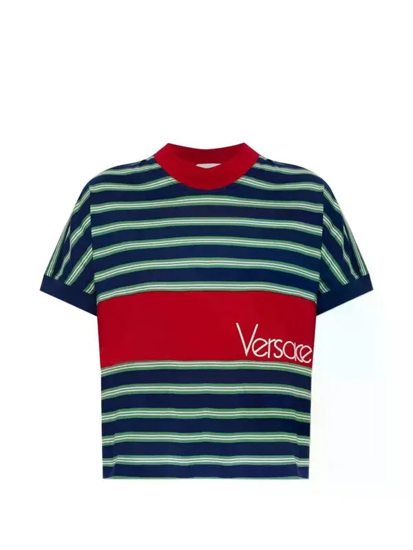 Versace Striped Logo-embroidered T-shirt - Blue