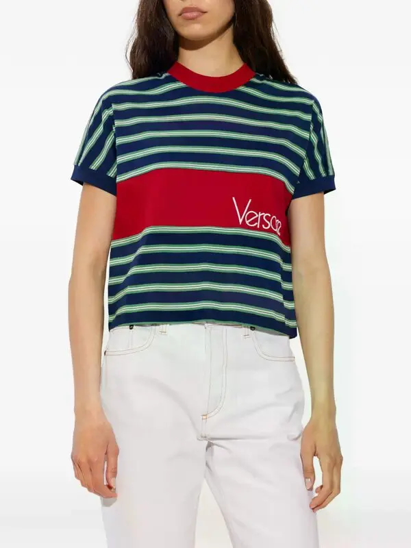 Versace Striped Logo-embroidered T-shirt - Blue