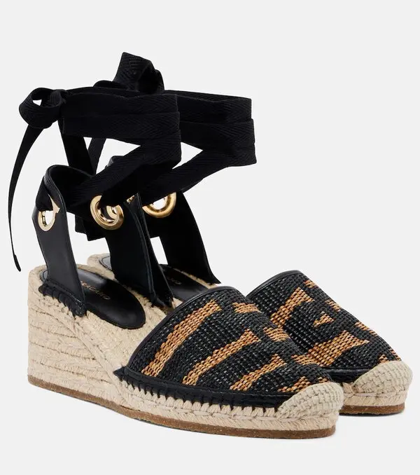 FERRAGAMO Animal-print Raffia Espadrille Wedges - Black
