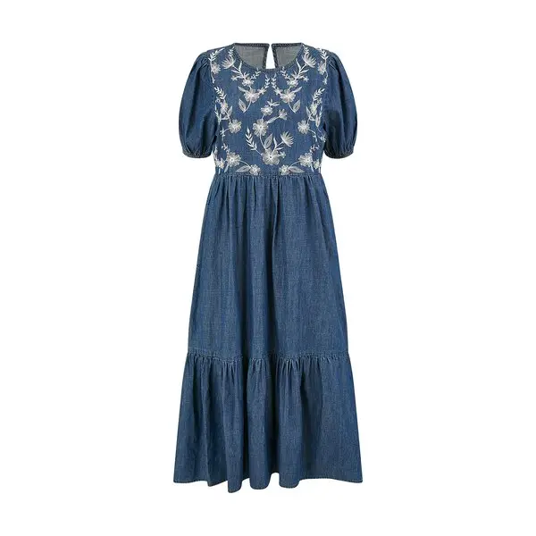 YUMI Chambray Denim Midi Dress With Embroidery And Puff Sleeves - Blue