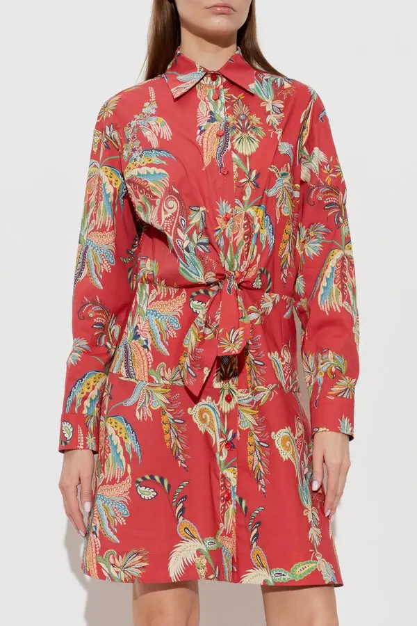 Etro Multicolored Botanical Print Belted Shirt Dress