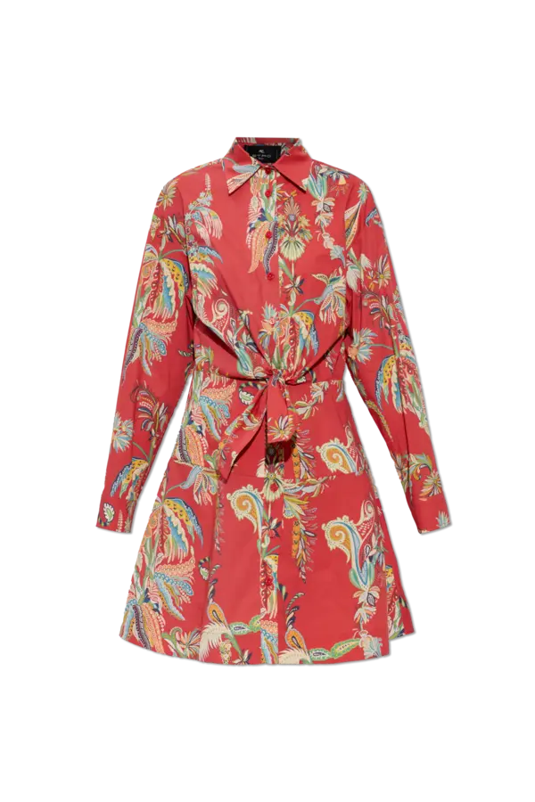 Etro Multicolored Botanical Print Belted Shirt Dress - Red