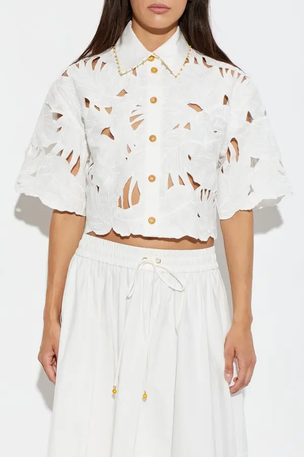 Zimmermann Embroidered Leaf Cut-out Short Sleeve Shirt