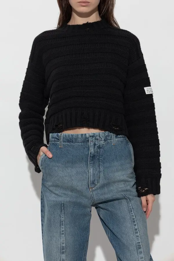 MAISON MARGIELA Distressed Ribbed Knit Cropped Sweater