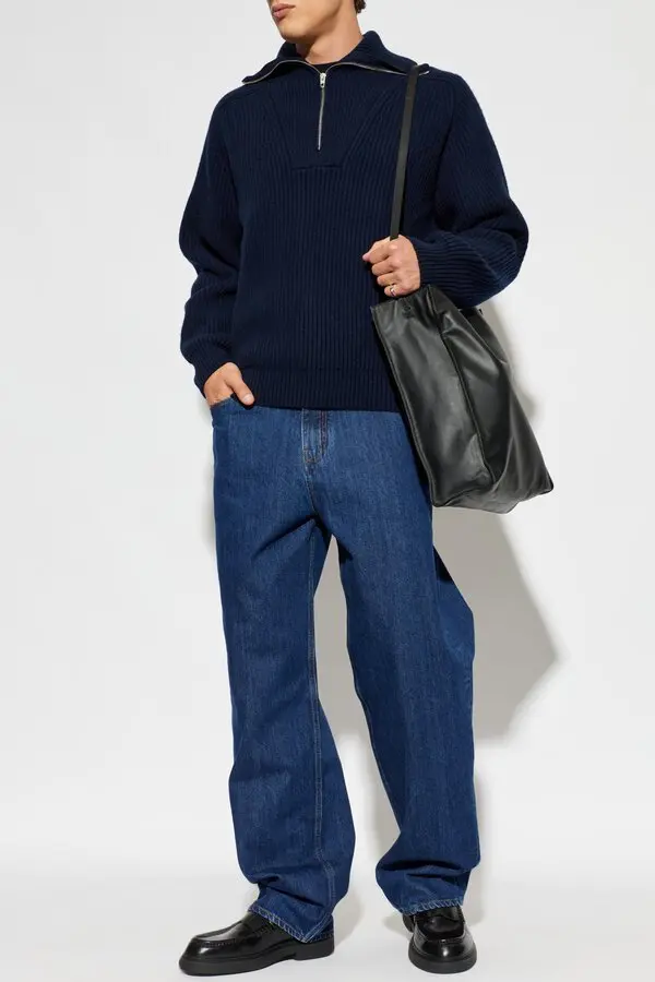 JIL SANDER Ribbed Wool Zip-up Polo Sweater