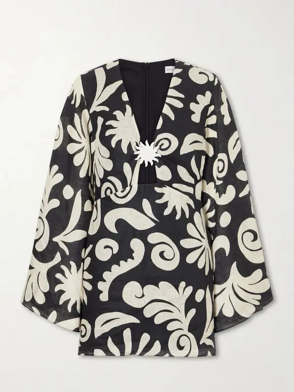 CALA DE LA CRUZ Vera Embellished Cutout Printed Linen Mini Dress - Black