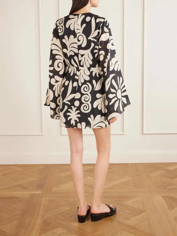 CALA DE LA CRUZ Vera Embellished Cutout Printed Linen Mini Dress