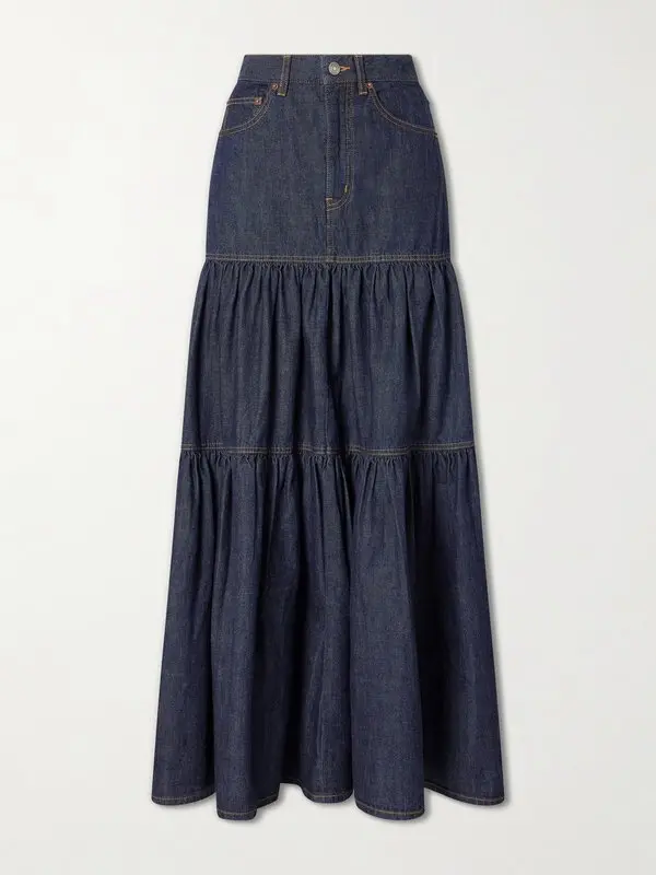 Saint Laurent Tiered Denim Maxi Skirt - Blue