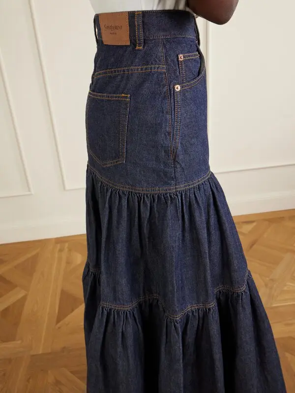 Saint Laurent Tiered Denim Maxi Skirt