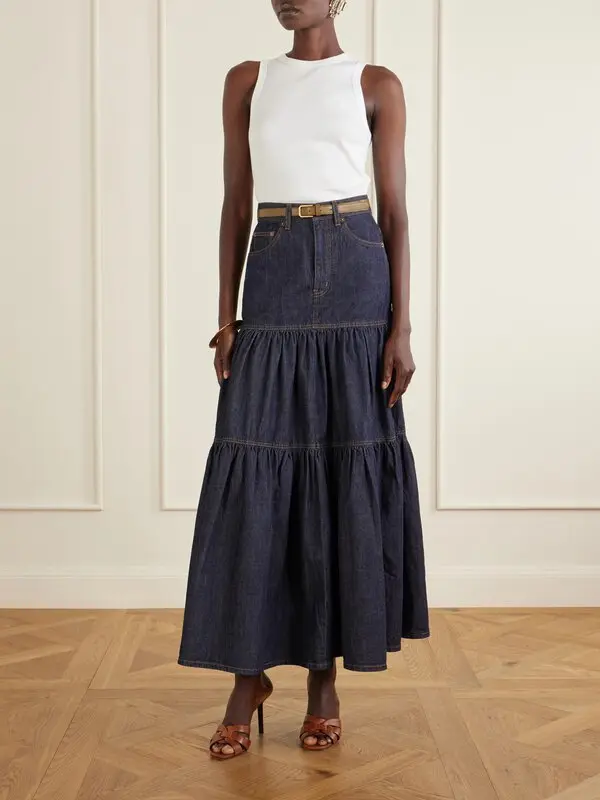 Saint Laurent Tiered Denim Maxi Skirt - Blue
