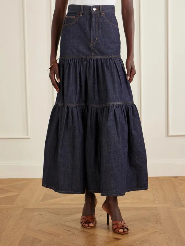 Saint Laurent Tiered Denim Maxi Skirt - Blue