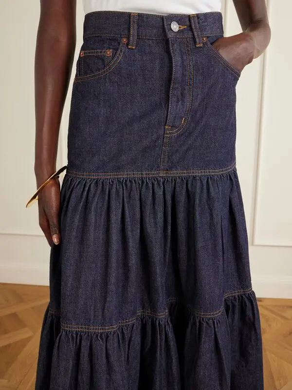 Saint Laurent Tiered Denim Maxi Skirt - Blue