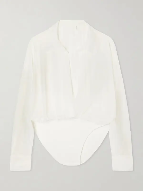 Norma Kamali Oversized Boyfriend Mesh Bodysuit With Classic Collar - White