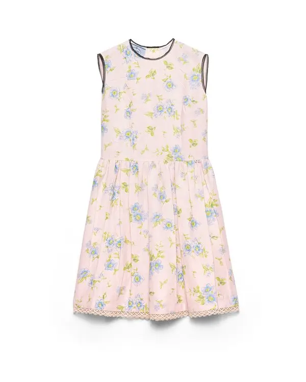 Prada Pleated Floral Print Linen Dress - Pink