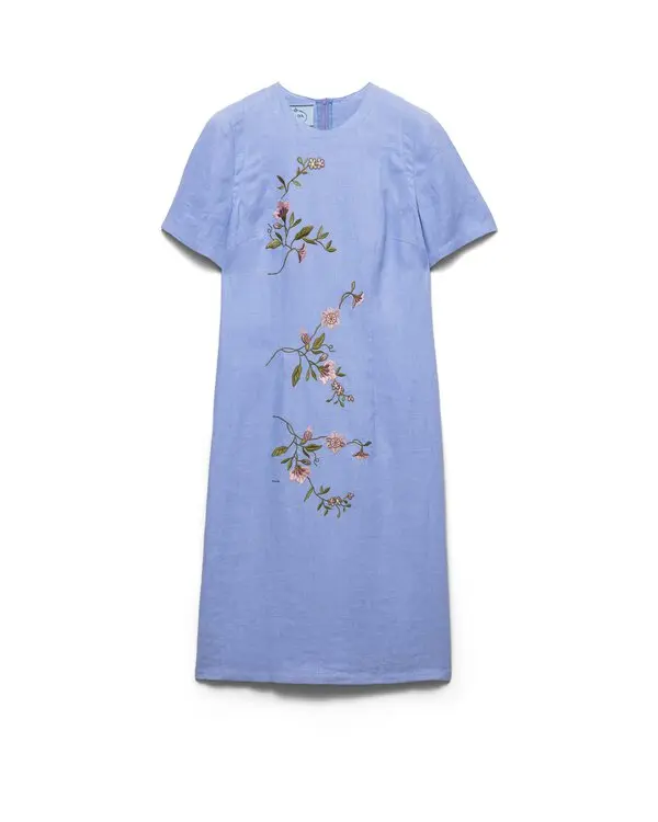 Prada Embroidered Linen Dress - Light Blue