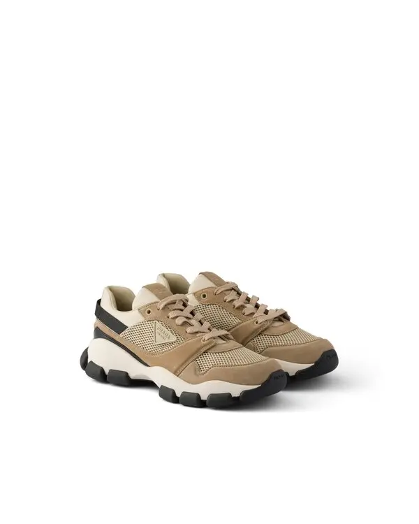 Prada Mesh Fabric And Suede Sneakers - Neutral