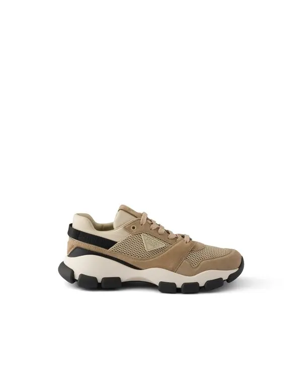 Prada Mesh And Suede Lace-up Sneakers - Neutral