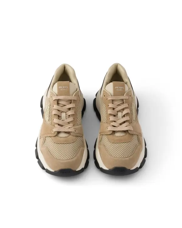 Prada Mesh And Suede Lace-up Sneakers - Neutral