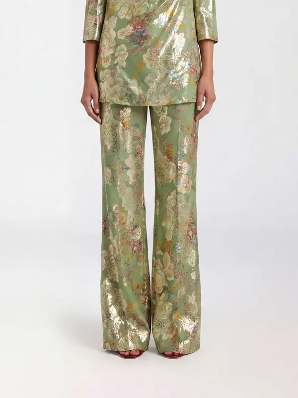 Valentino Garavani Silk Blend Floral Pattern Trousers - Green
