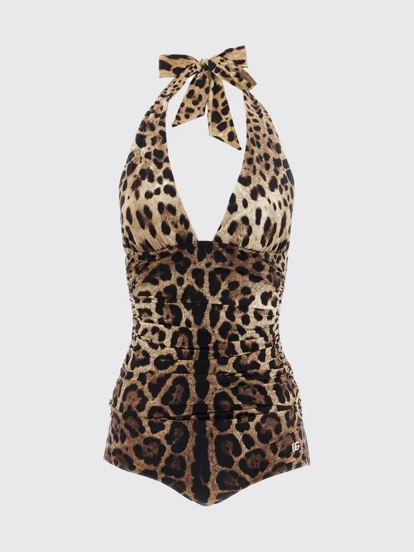 Dolce & Gabbana Halter Neck Animalier Print One-piece Swimsuit - Brown