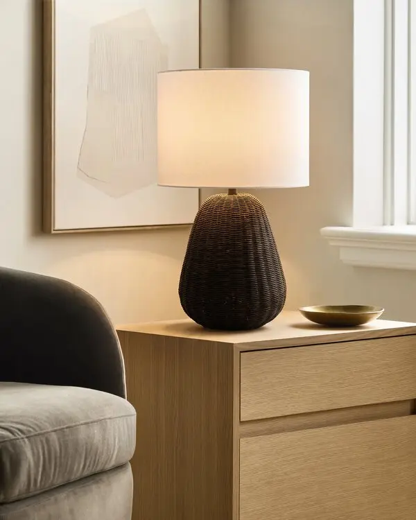 Quince Natural Rattan Table Lamp With Linen Shade