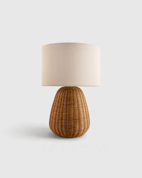 Quince Natural Rattan Table Lamp With Linen Shade - Medium Brown