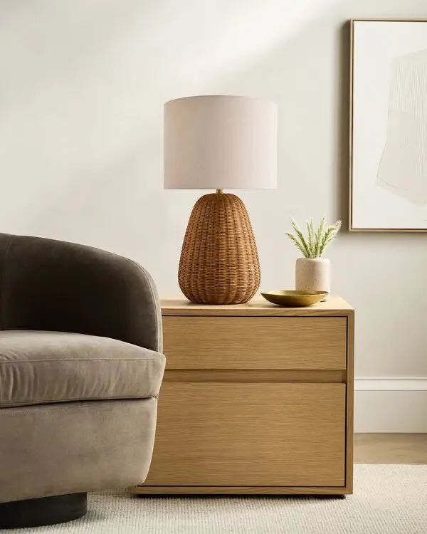 Quince Natural Rattan Table Lamp With Linen Shade - Medium Brown