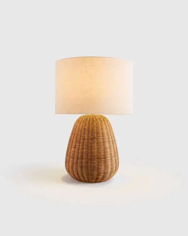 Quince Natural Rattan Table Lamp With Linen Shade - Medium Brown