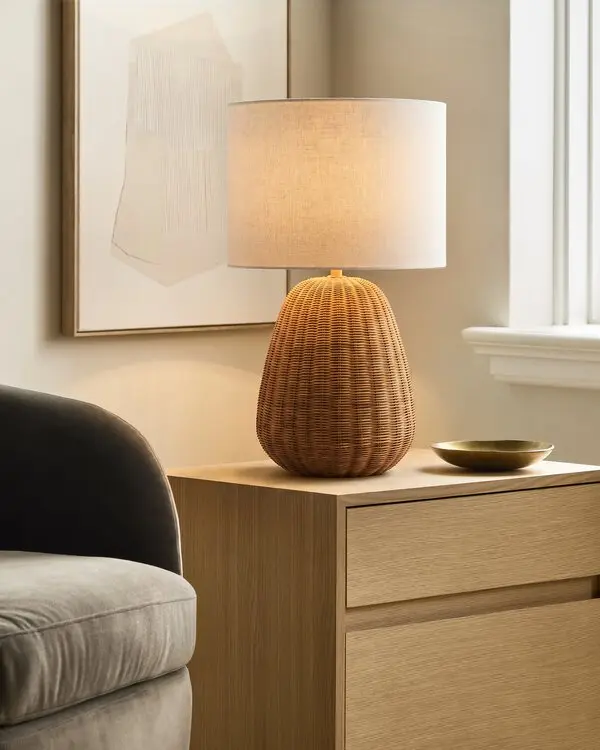 Quince Natural Rattan Table Lamp With Linen Shade - Medium Brown