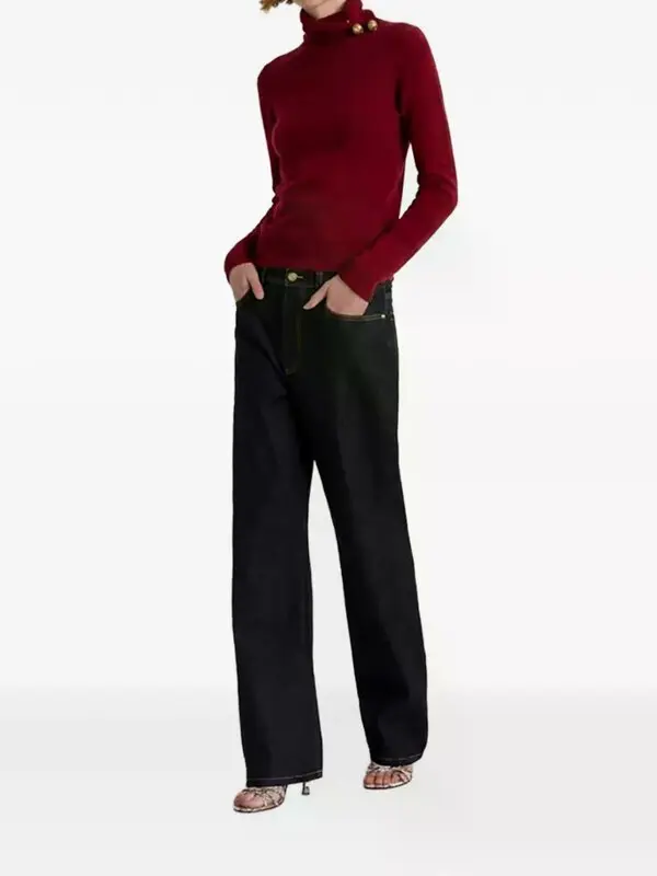 Alberta Ferretti Burgundy Fine Knit Roll Neck Sweater With Gold-tone Button Detail