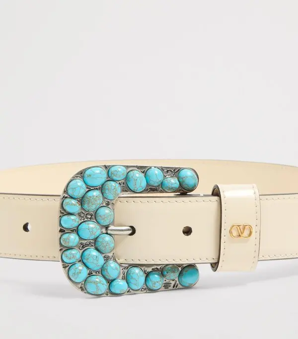 Valentino Garavani Leather Vlogo Signature Belt With Gemstone Embellishments - Ivory